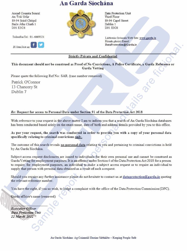 Sample Irish criminal record check from Garda Siochana (Subject Access ...